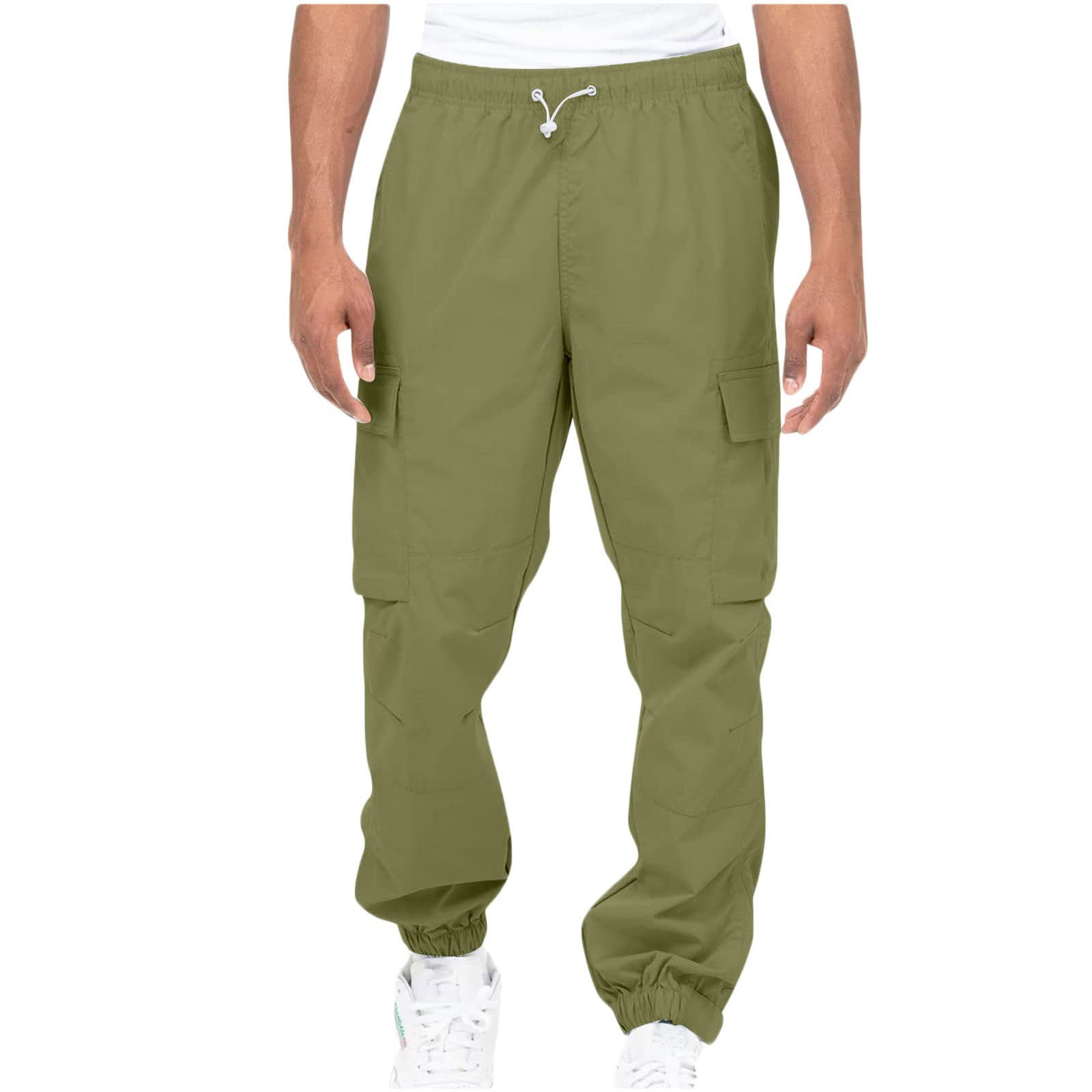 Cargo Pants for Men Stretch Drawstring Elastic Waist Multi-Pocket Loose ...