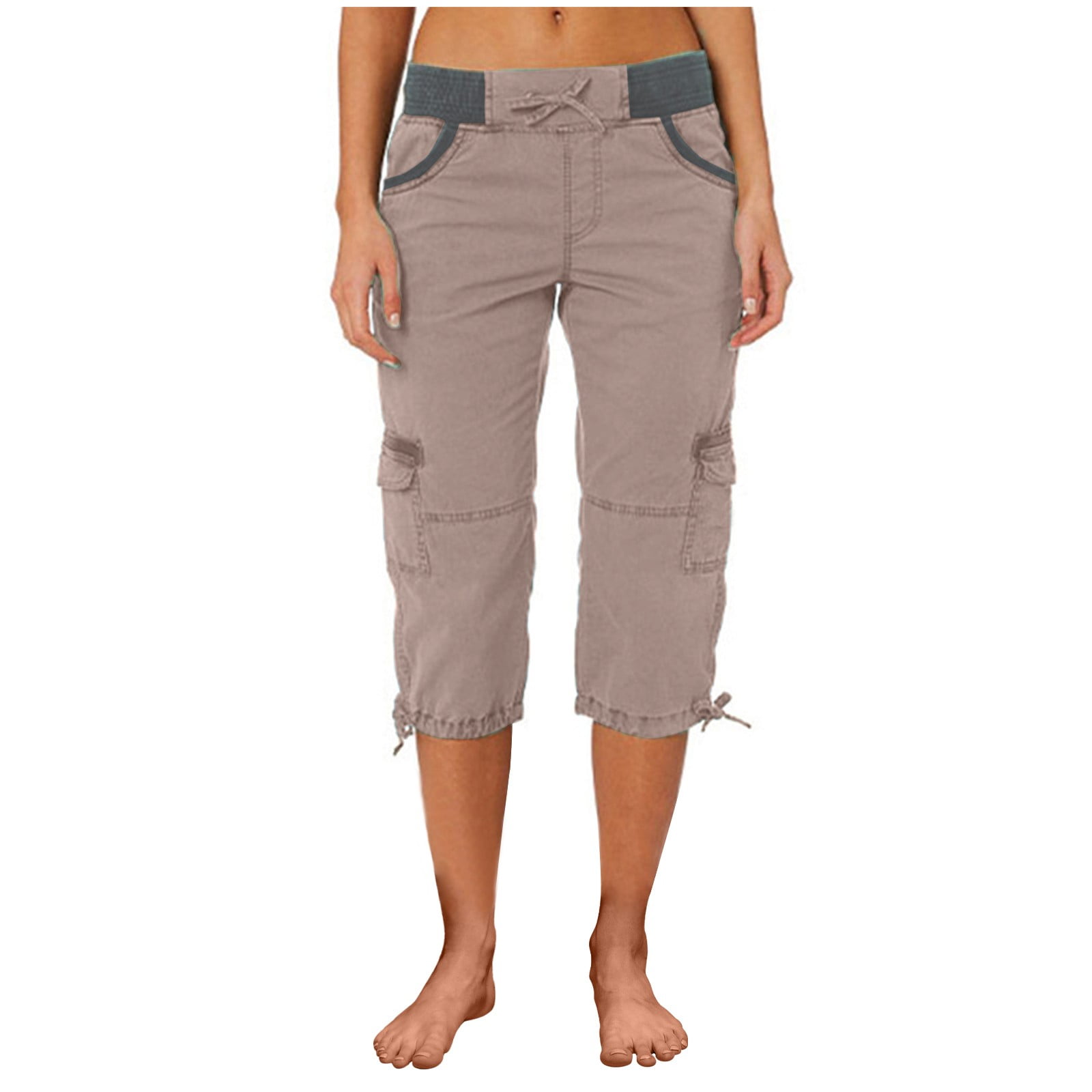 ShomPort Women's High Waisted Cargo Capri Pants with Elastic Waistband ...