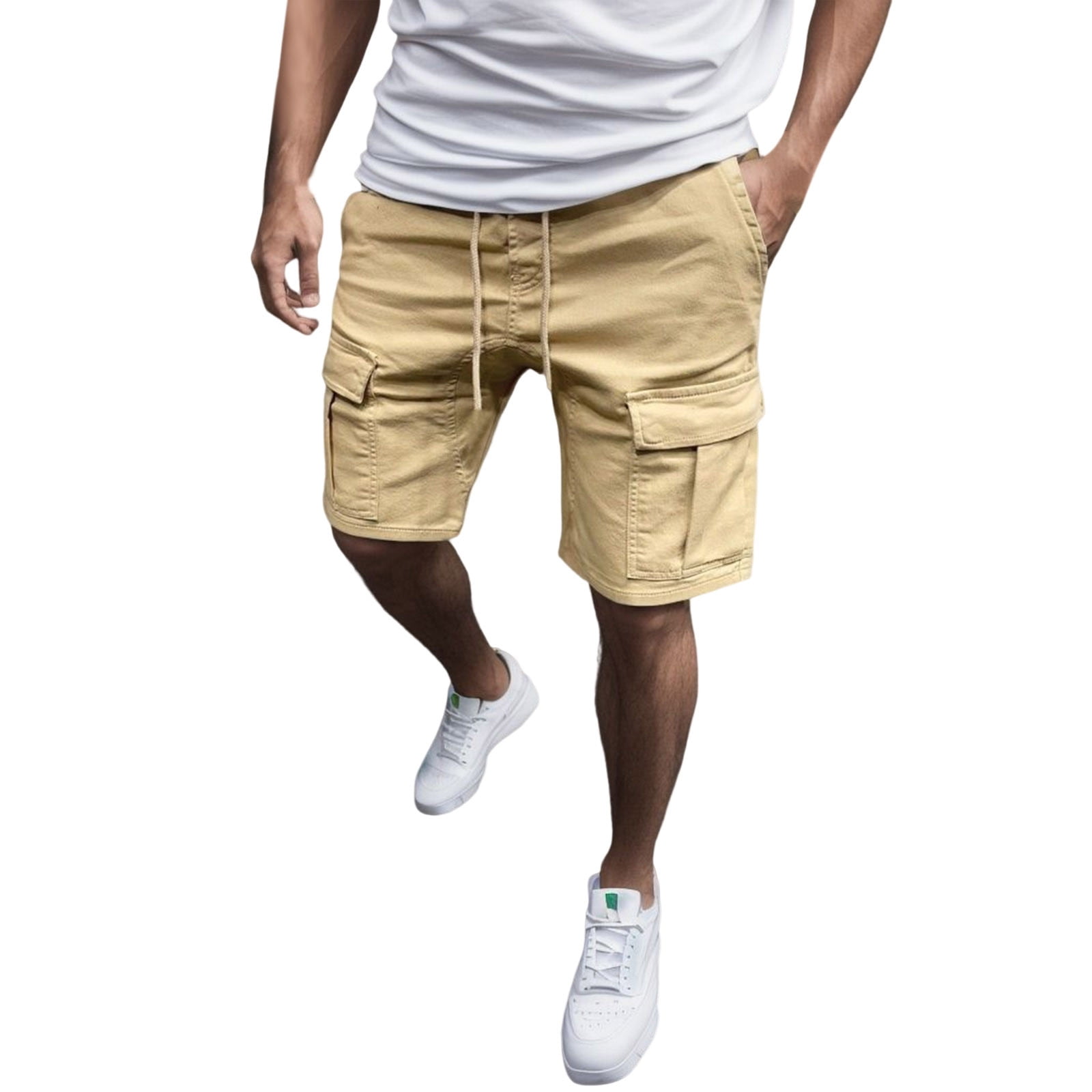 Cargo Shorts for Men Casual Solid Color Elastic Waist Drawstring Shorts ...