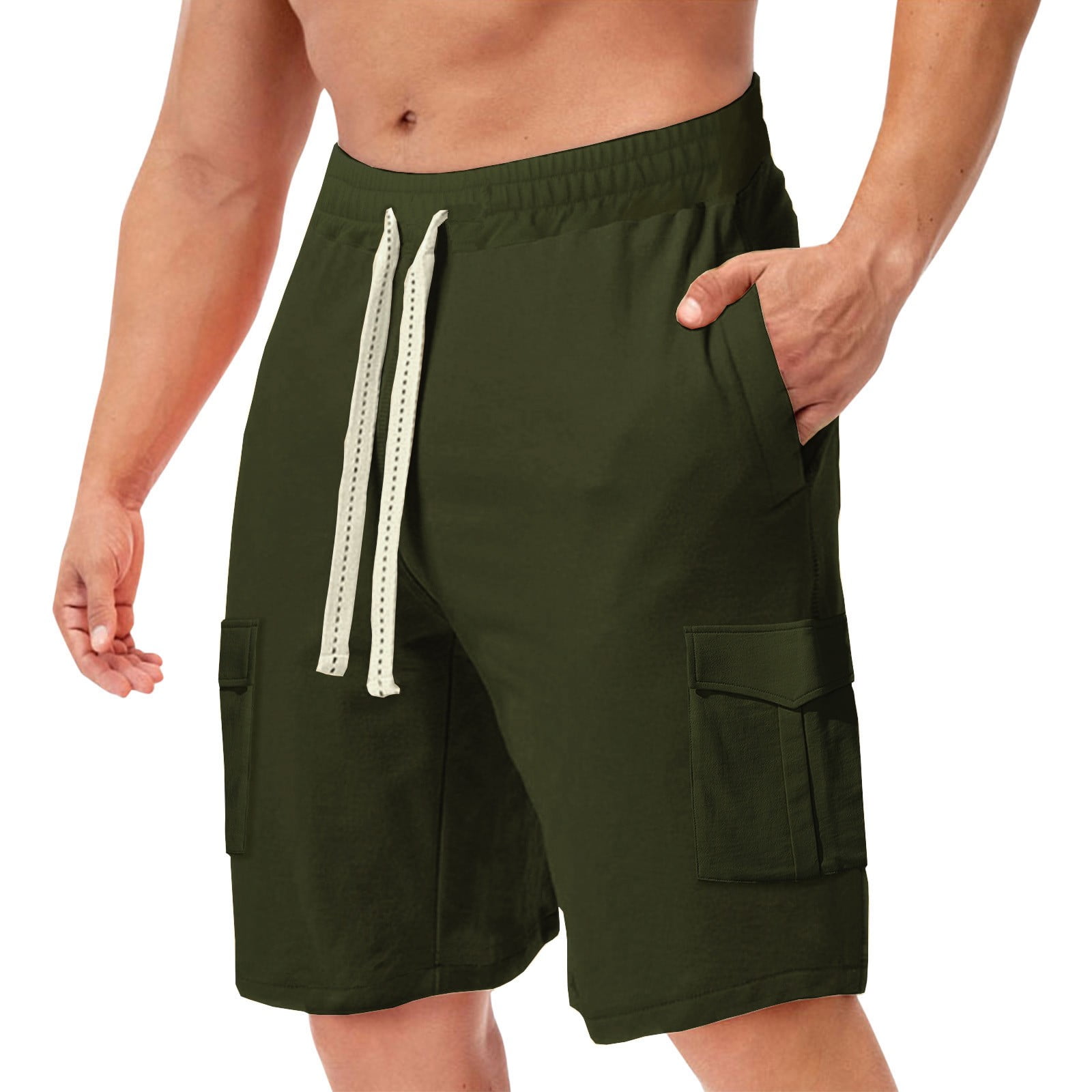 Cargo Shorts for Men Casual Elastic Waist Drawstring Solid Color ...