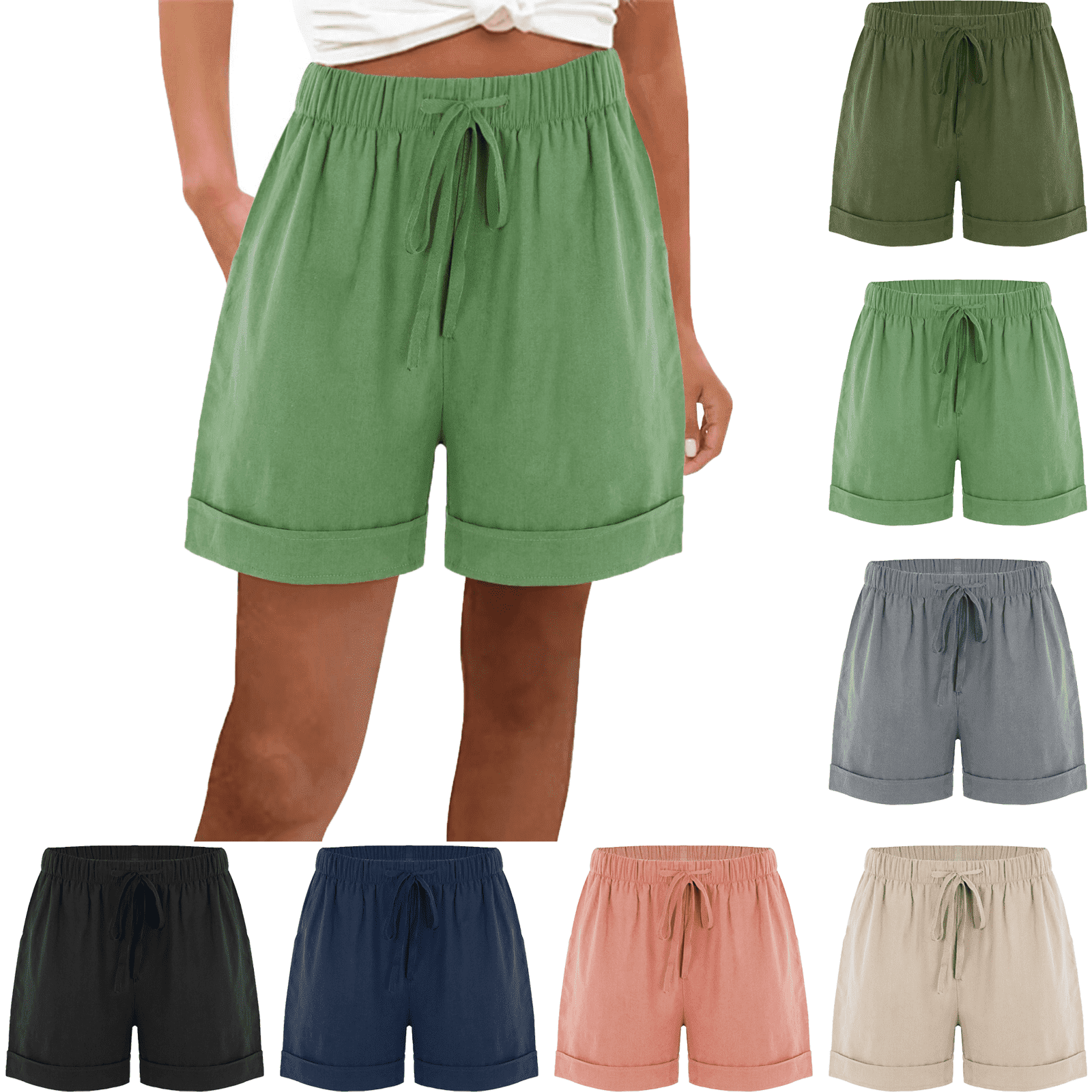 Cargo Shorts Women High Rise Wide Leg Pants Elastic Drawstring Waist ...
