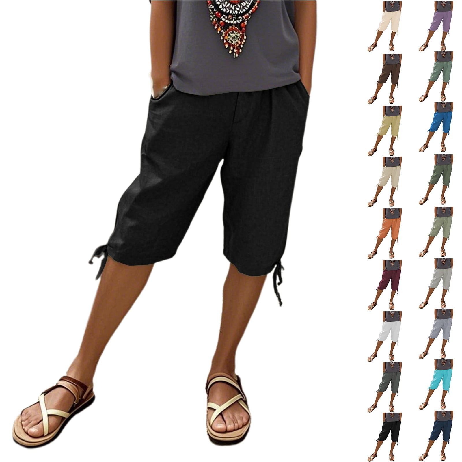 Cargo Shorts Women Linen Pants With Pockets Elastic Drawstring Leisure ...