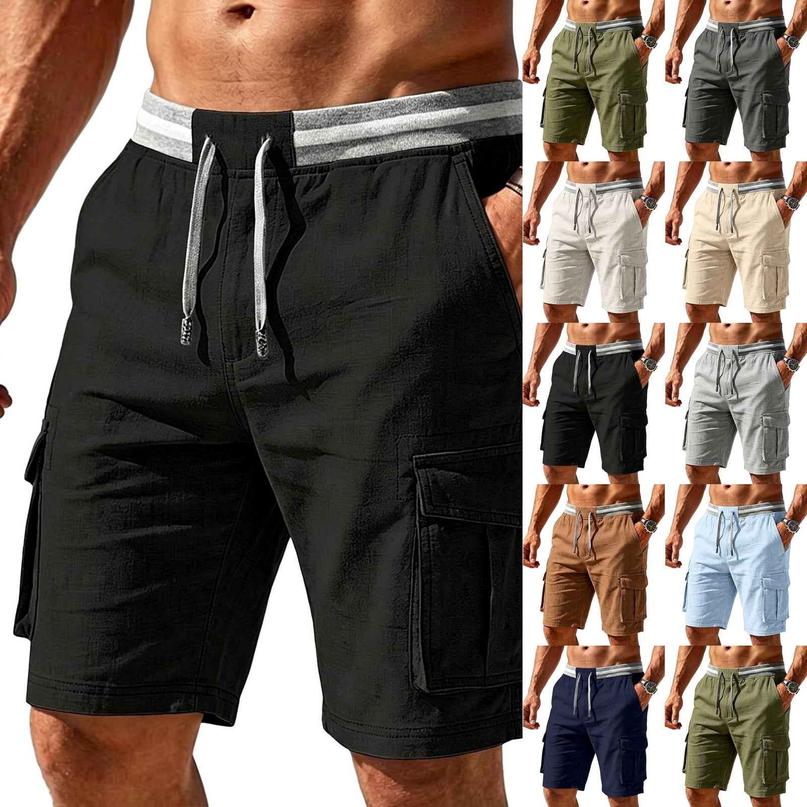 Cargo Shorts for Men Color Block Patchwork Drawstring Elastic Waist ...