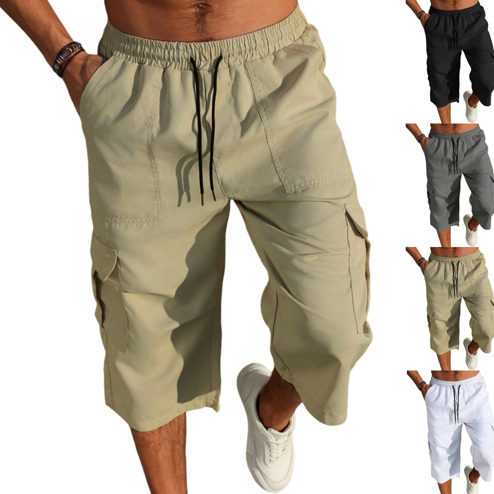 Cargo Shorts for Men Drawstring Elastic Waist Multi-Pocket Casual Basic ...