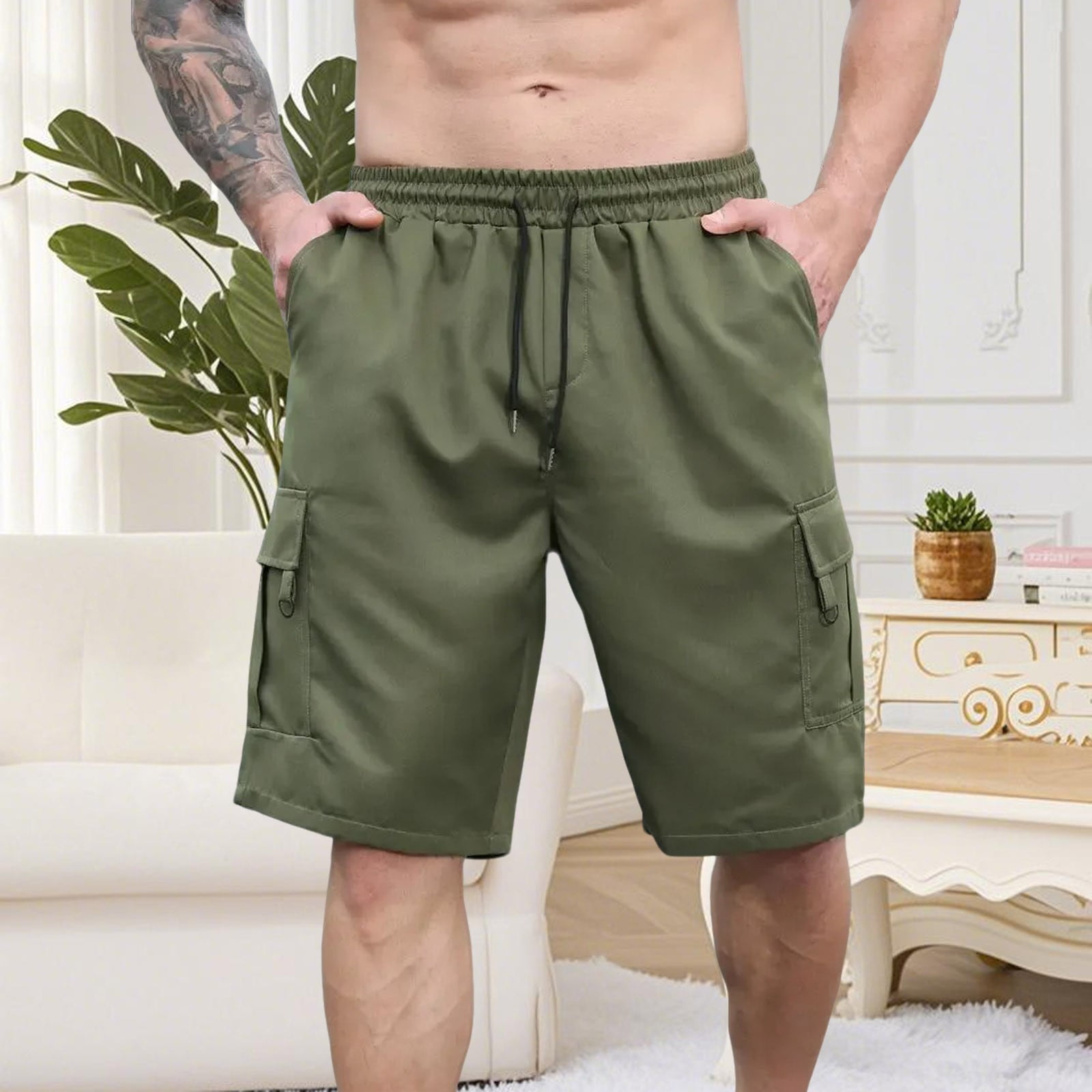 Cargo Shorts for Men Drawstring Elastic Waist Straight Leg Bermuda ...