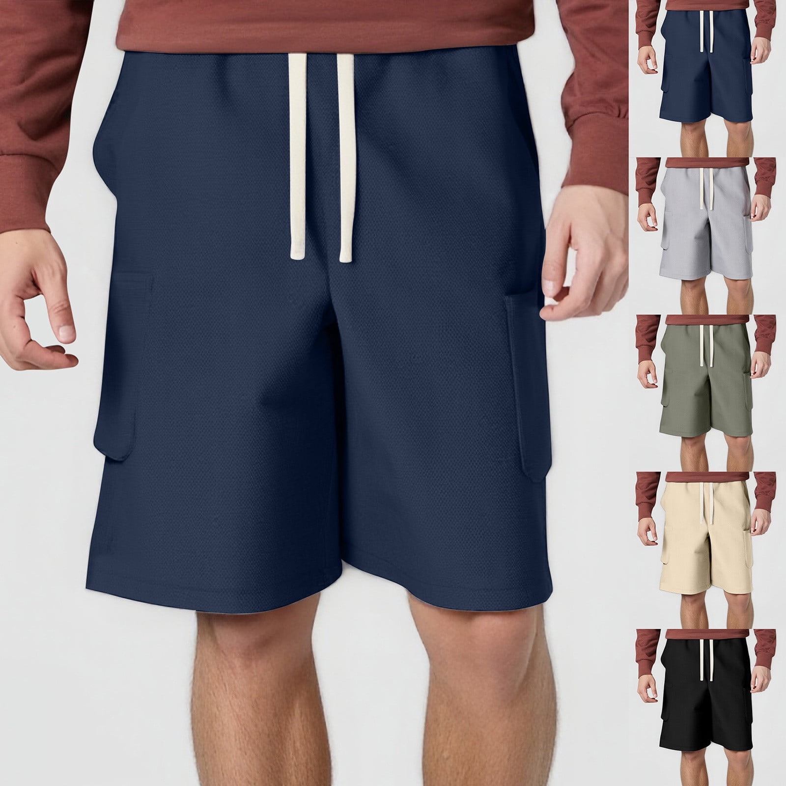 Cargo Shorts for Men Mid Waist Cargo Solid Splice Pocket Drawstring ...