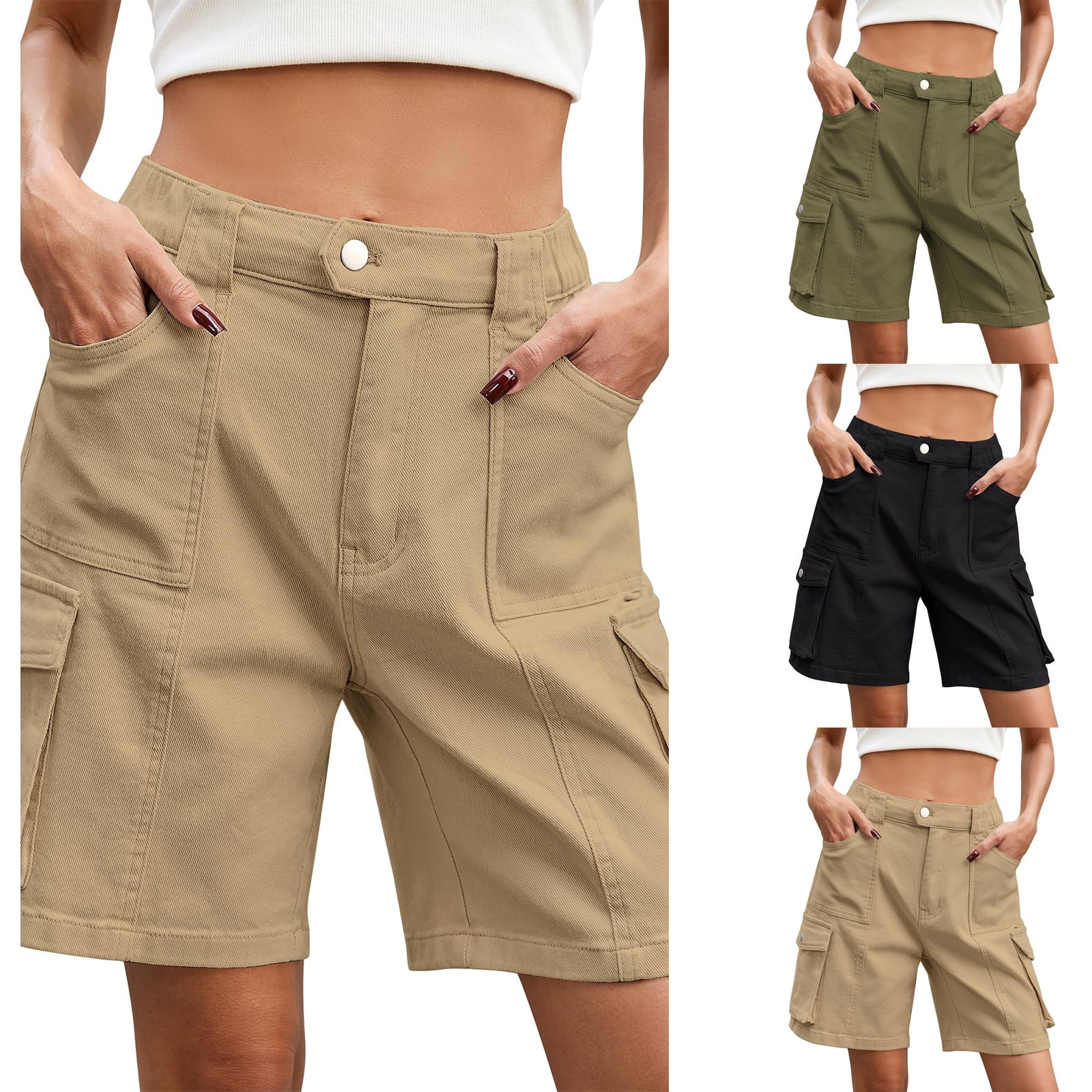 Cargo Shorts for Women Bermuda Knee Length Casual Solid High Waisted ...