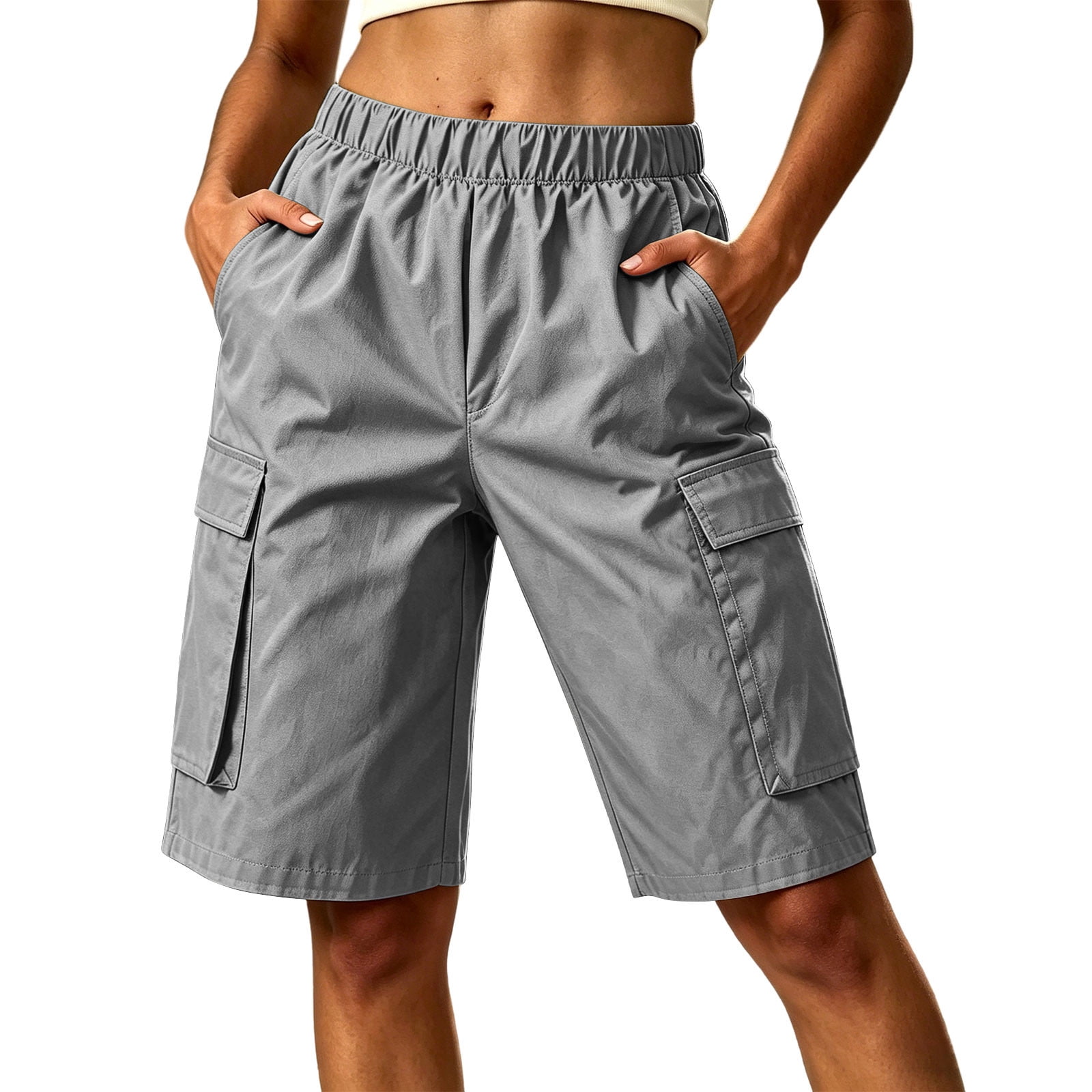 Cargo Shorts for Women Elastic High Waist Knee Length Shorts with ...