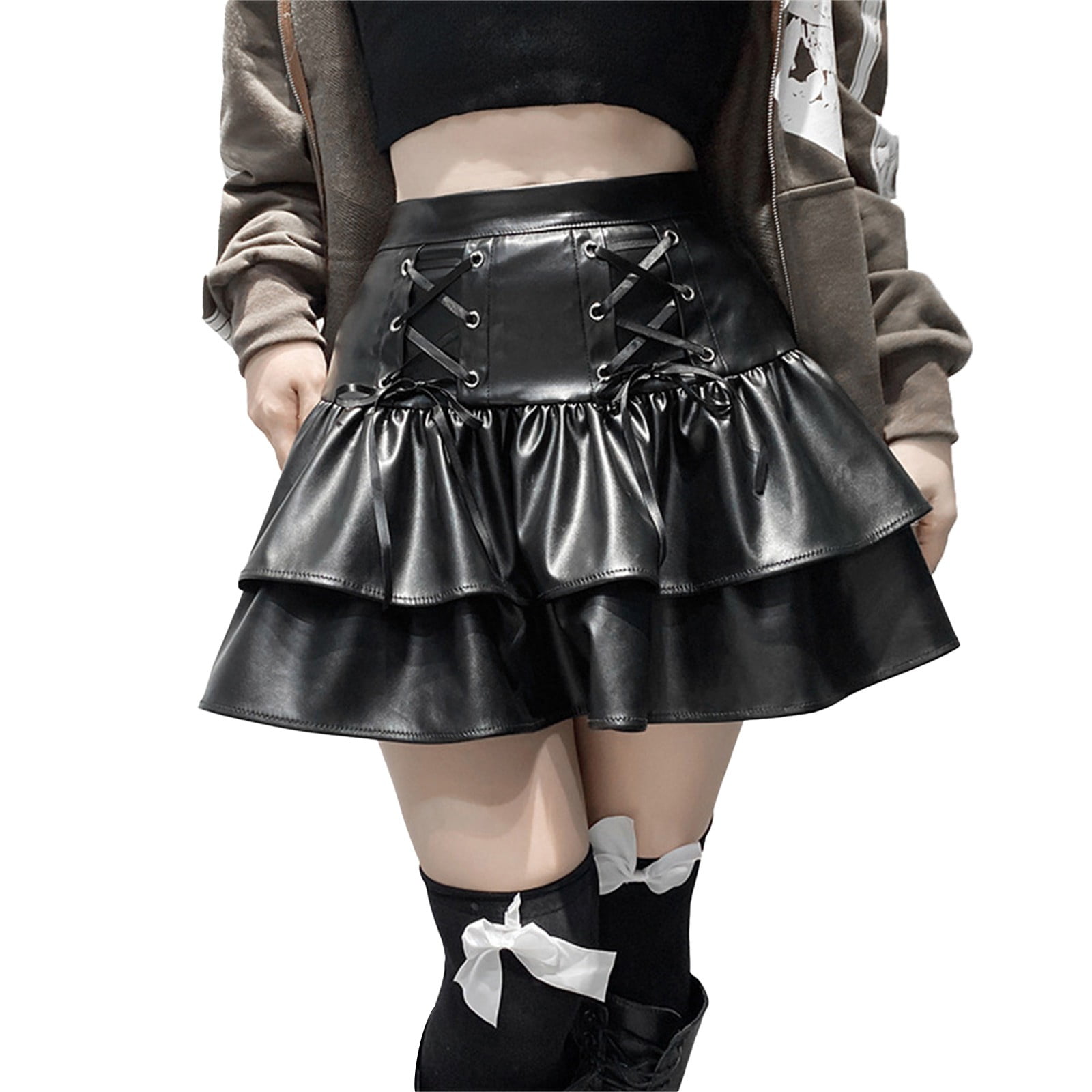 Cargo Skirts Women Cross-Laced Slim Leather Skirt Double-Layer ...