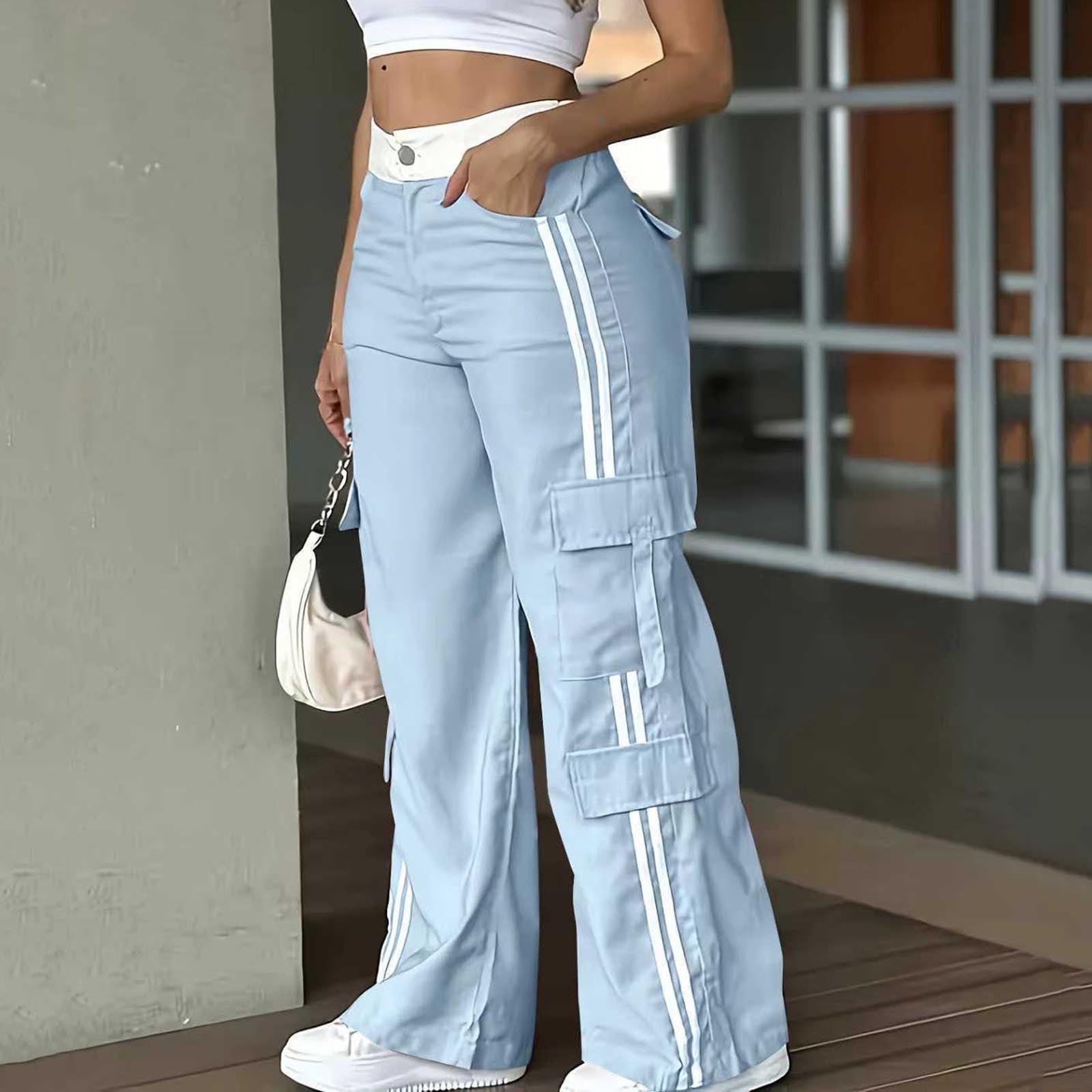 Cargo Sweatpants for Women Stripe Patchwork Straight Leg Pants with ...