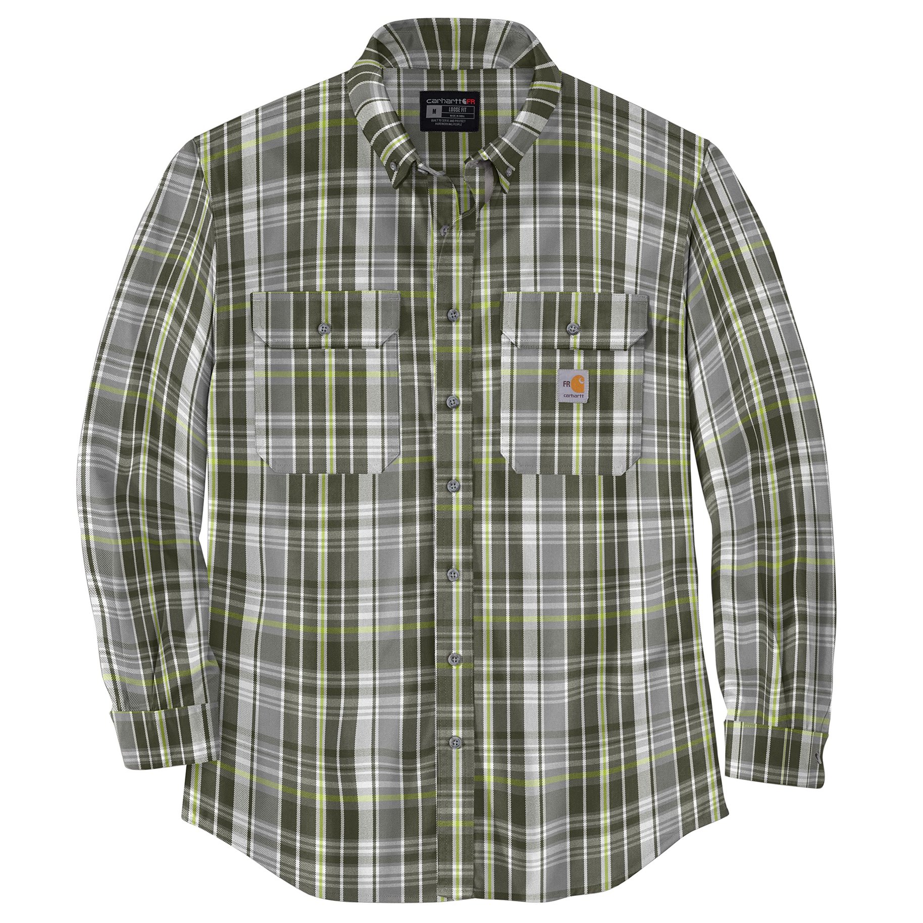 Carhartt Men's Flame Resistant Force Rugged Flex Loose Fit Midweight Twill Plaid Shirt, Basil ...