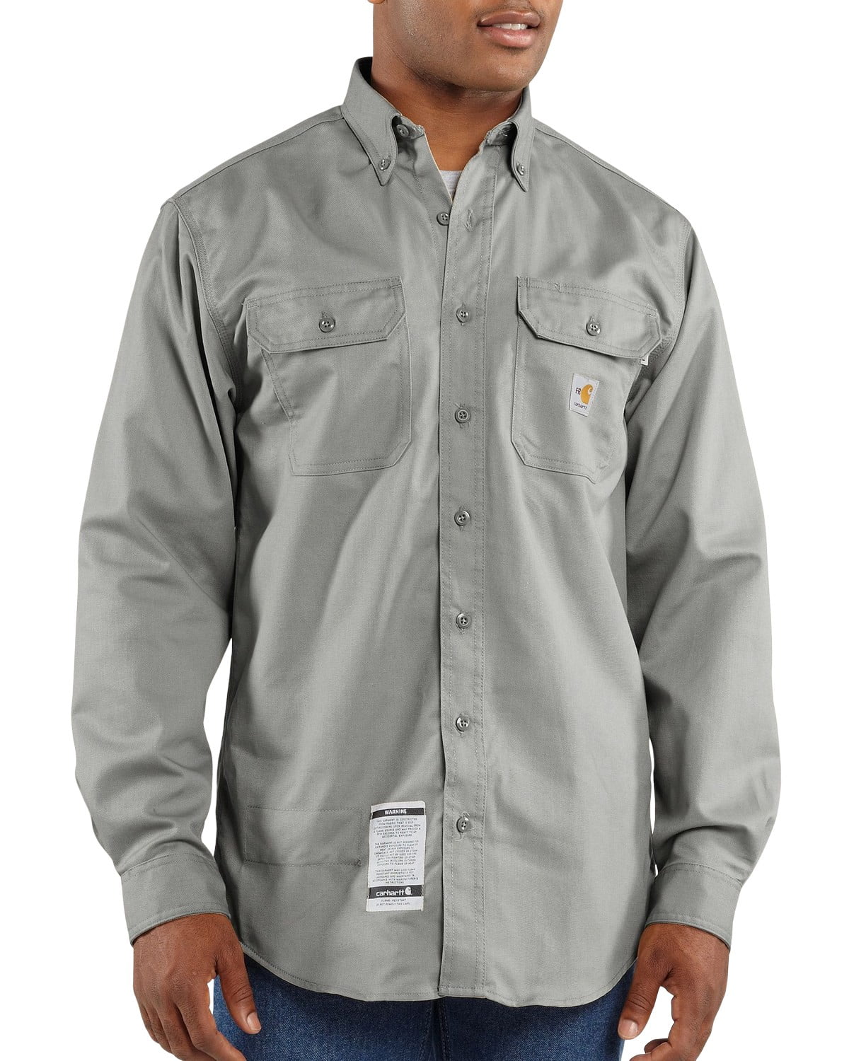 Carhartt Men's Fr Solid Long Sleeve Button-Down Work Shirt Grey Large ...