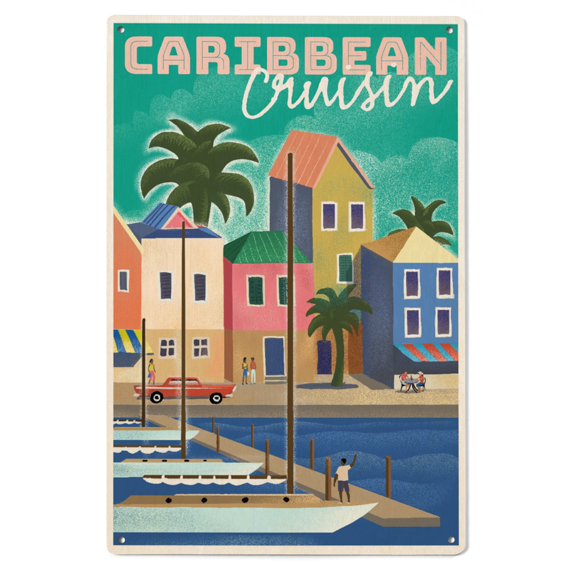 Caribbean Cruisin, Waterside Dock, Lithograph Birch Wood Wall Sign (6x9 ...