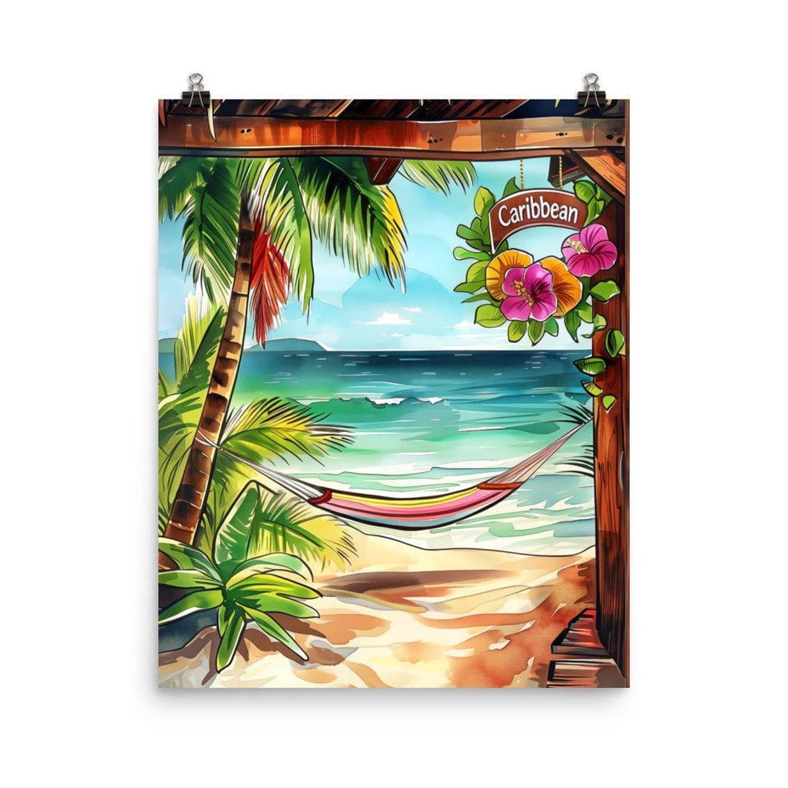 Caribbean Hammock Print, Tropical Island Wall Art, Coastal Paradise ...