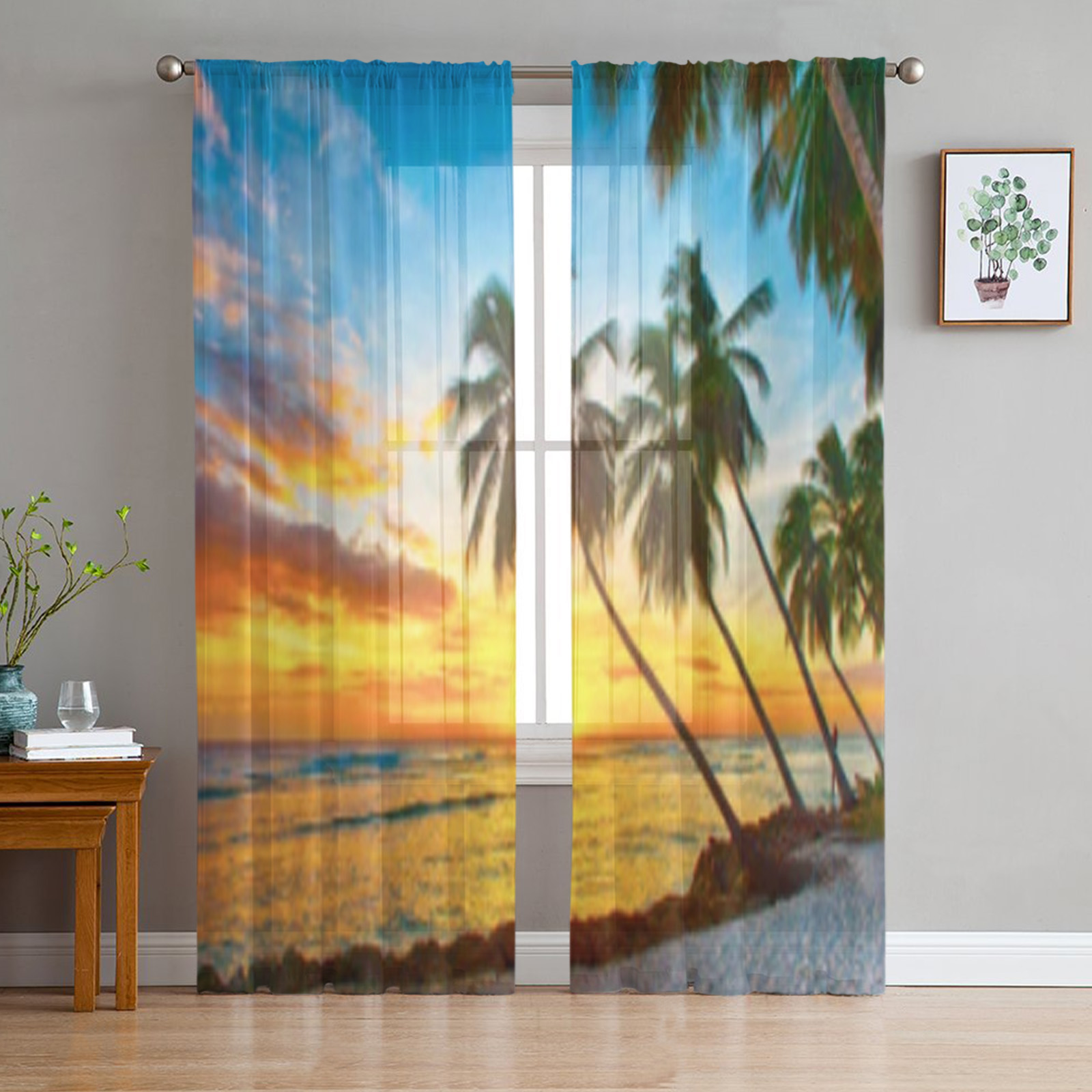 Caribbean Sea and Coconut Palms Sheer Curtain for Living Room Bedroom ...