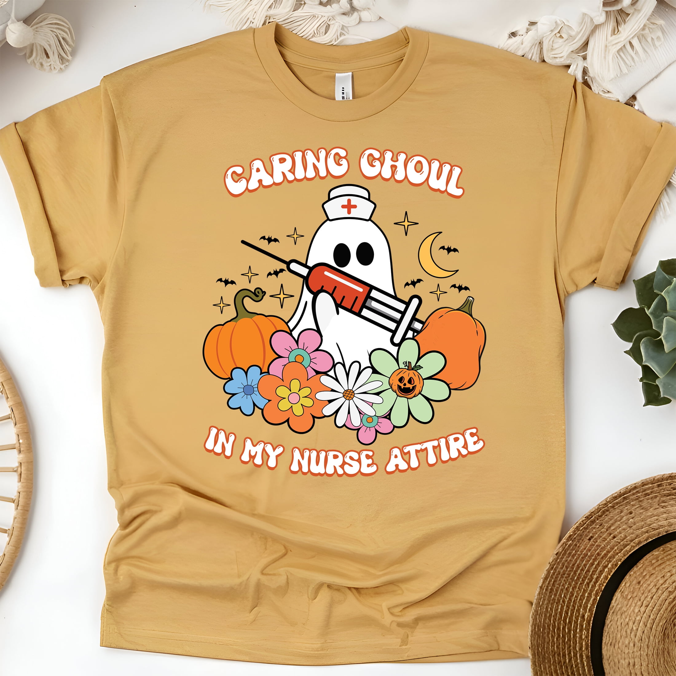 Caring Ghoul Nurse Halloween Shirt Cute Ghost Pumpkin Floral Tee, Gold ...