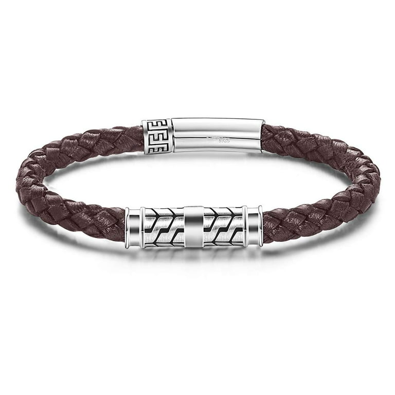 Carleen Destination 925 Sterling Silver Genuine Mens Leather Bracelet Braided Rope Energy Charm Push Button Locking Clasp Anniversary Birthday Gift For Him Men Boys Walmart