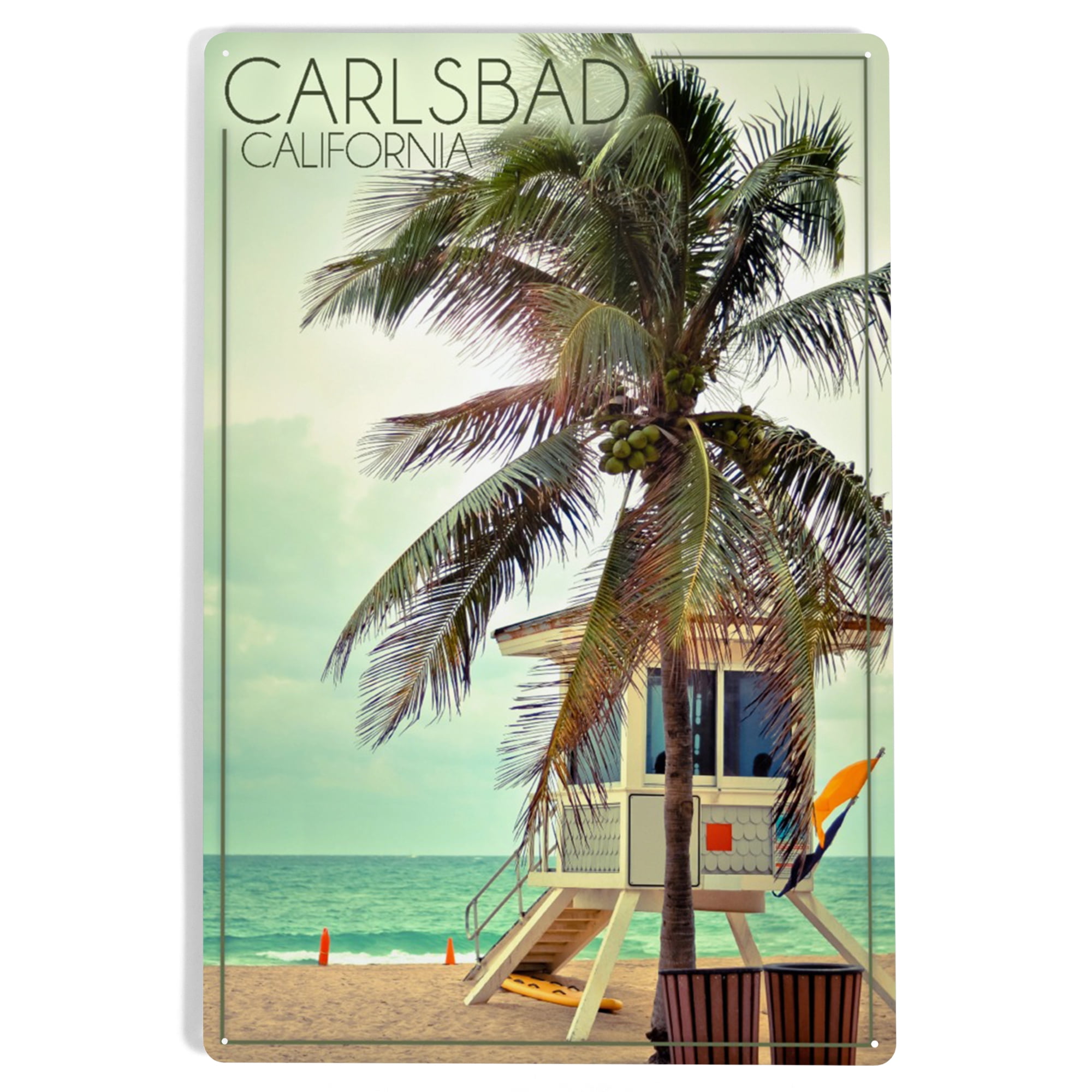 Carlsbad, California, Lifeguard Shack and Palm (12x18 Aluminum Art ...