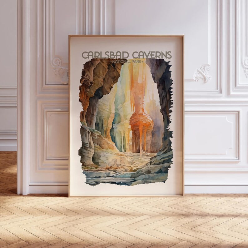 Carlsbad Cavern National Park Watercolor Travel Poster US National Parks Soft Pastel Tones ...