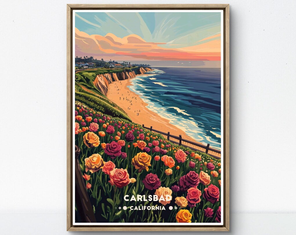 Carlsbad Poster, California Coast Art, Flower Field Wall Decor, Sunset ...