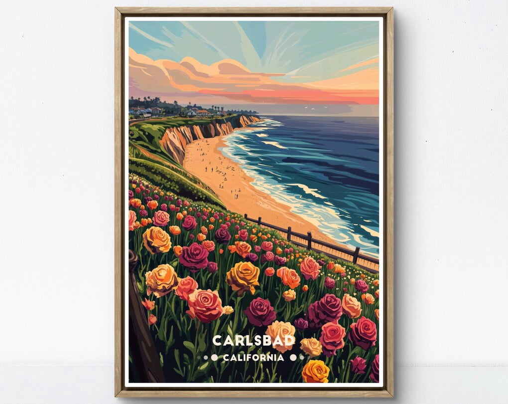 Carlsbad Poster, California Coast Art, Flower Field Wall Decor, Sunset ...