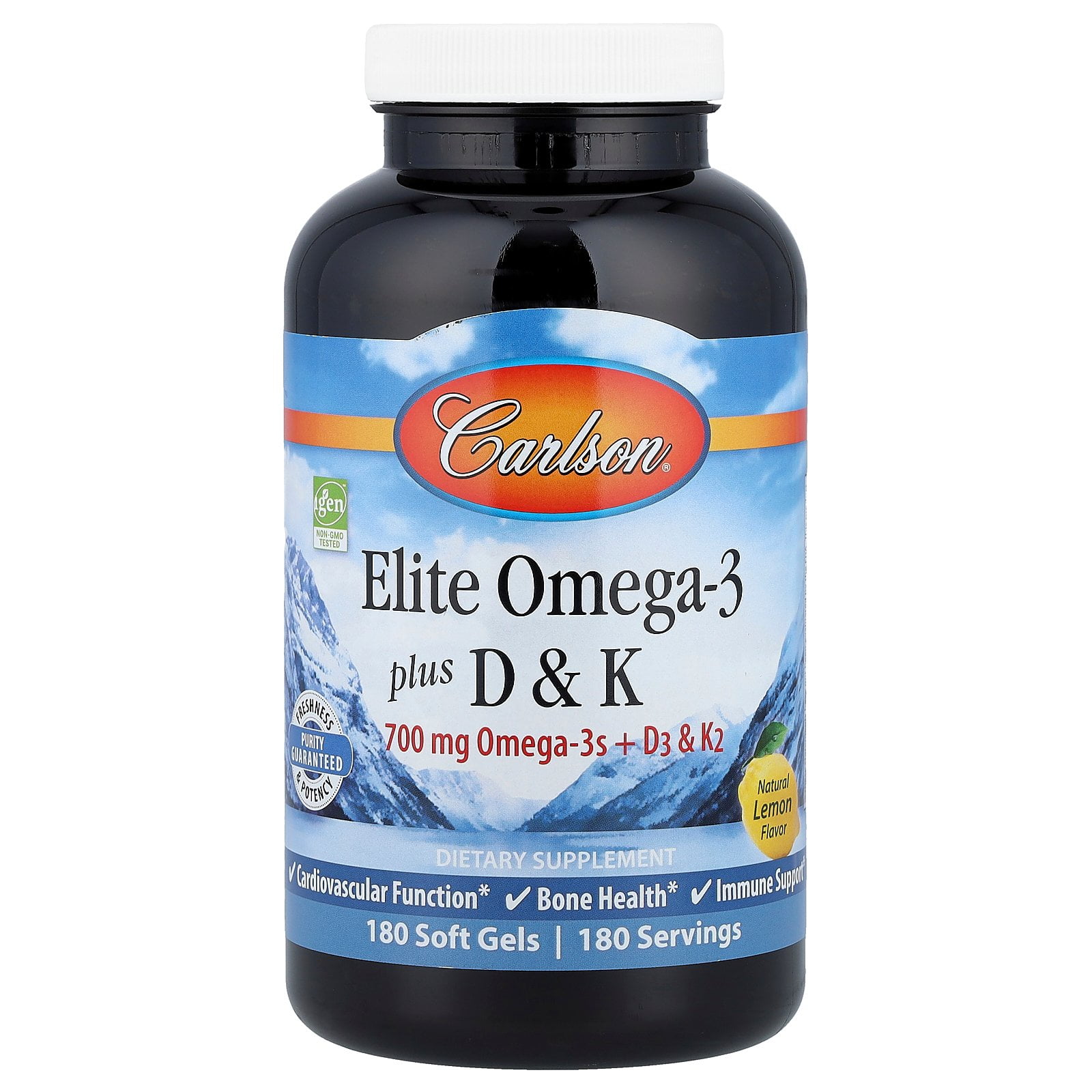 Carlson Elite Omega-3 Plus D & K, Natural Lemon, 180 Soft Gels ...