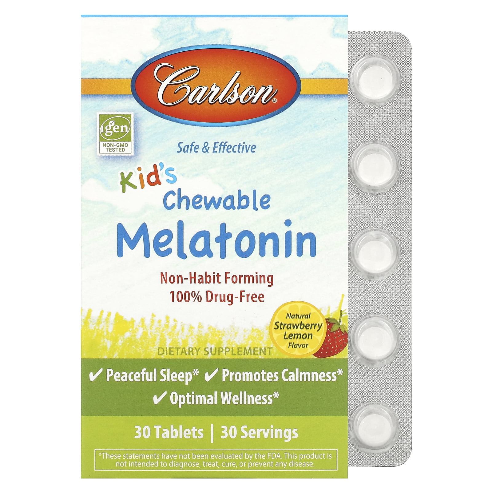 Carlson Kid's Chewable Melatonin, Strawberry Lemon, 30 Tablets ...