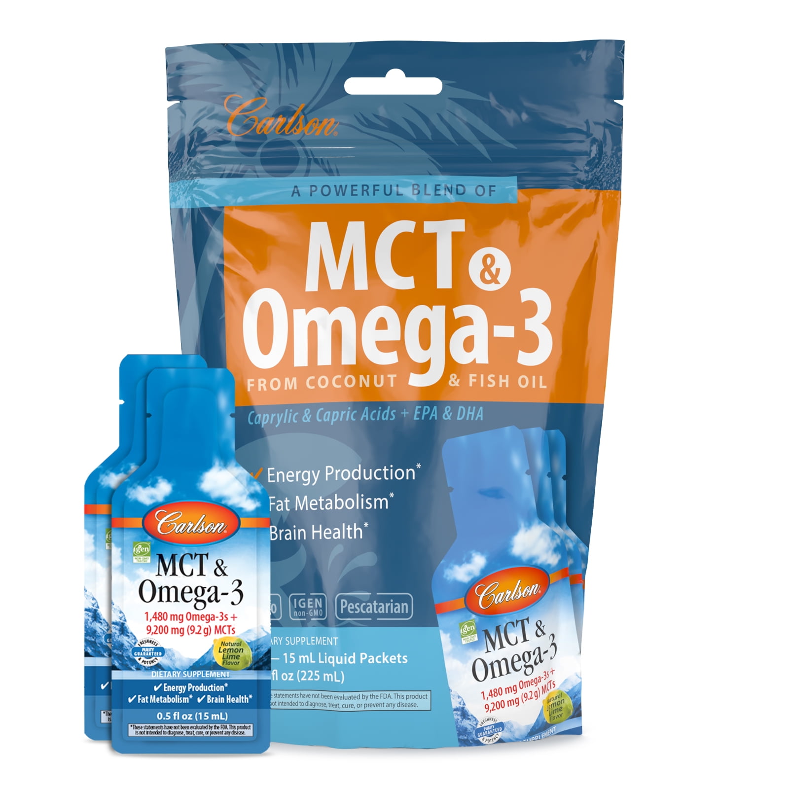 Carlson - MCT & Omega-3 Single Serving Packets, 1480 mg Omega-3s, 9200 mg MCTs, Fat Metabolism ...