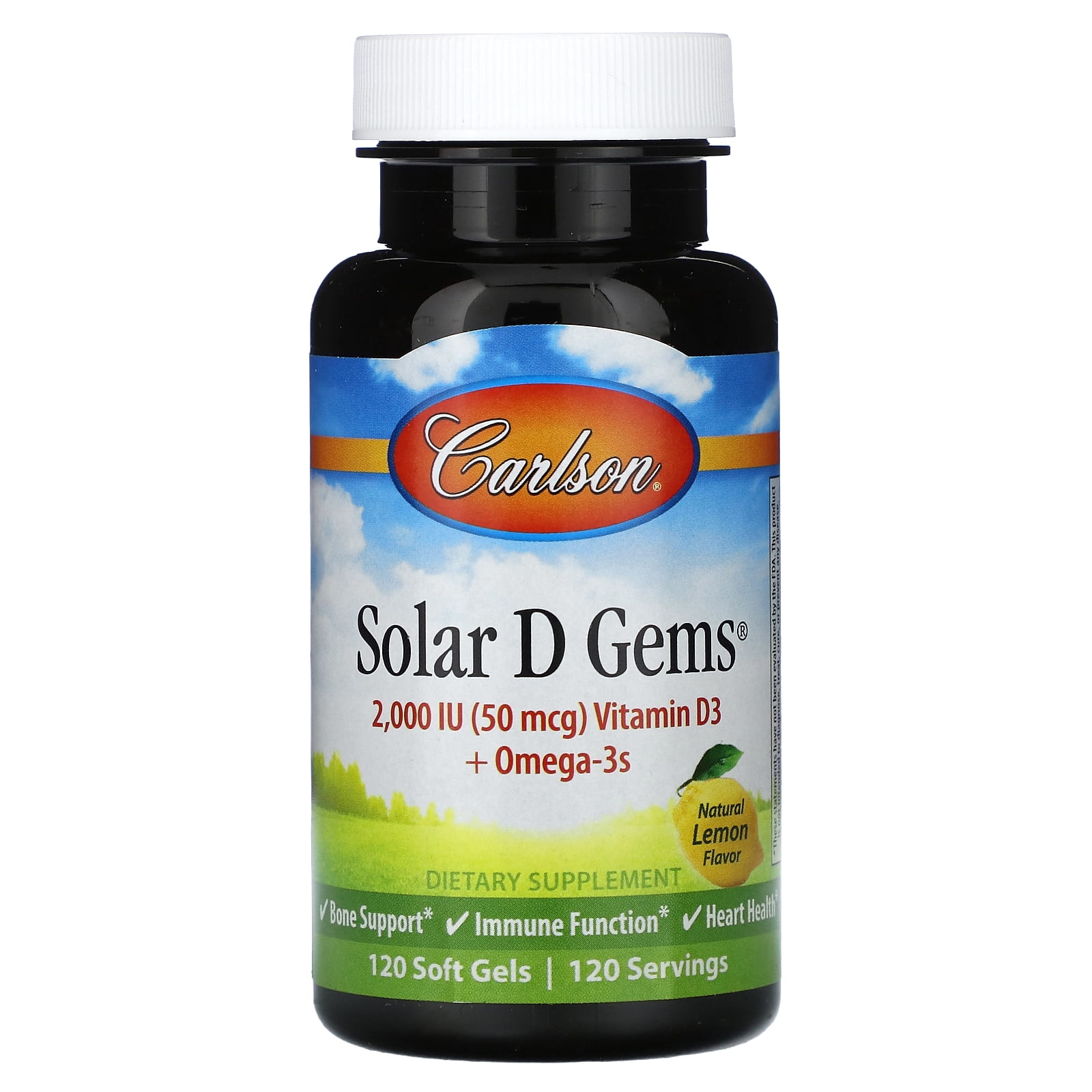 Carlson Solar D Gems, Vitamin D3 Plus Omega-3s, 2000 IU Softgels with ...