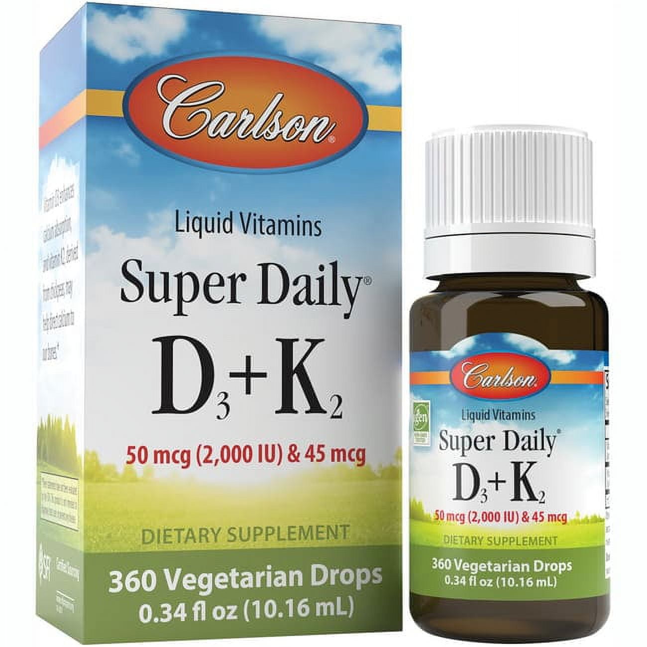 Carlson D3+K2 Liquid Vitamins, 50 mcg & 45 mcg, Vegetarian, 360 Drops ...