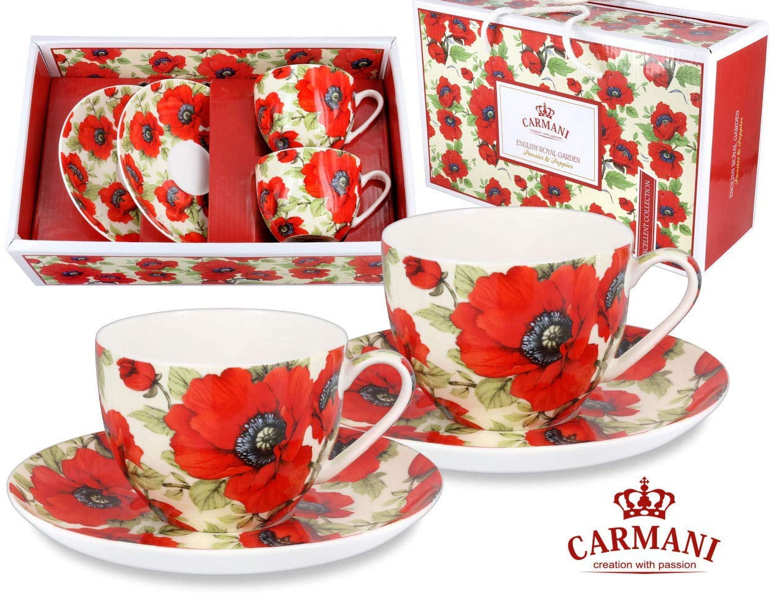 Carmani CR-840-1026, 7 Oz Cups & Saucers w/ Poppies Painting, Porcelain ...