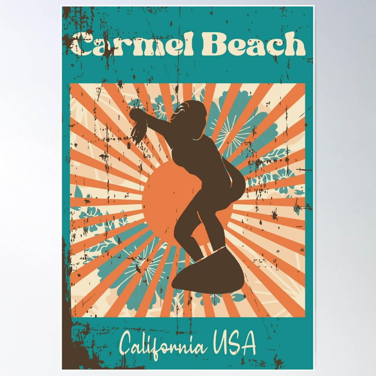 Carmel Beach Retro Surfer Girl Poster Wall Art, Modern Wall Decor For ...