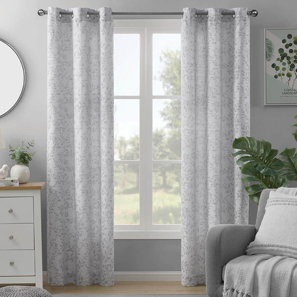 Carmel Leaves Gray Jacquard 38 in. W x 84 in. Grommet Light Filtering ...