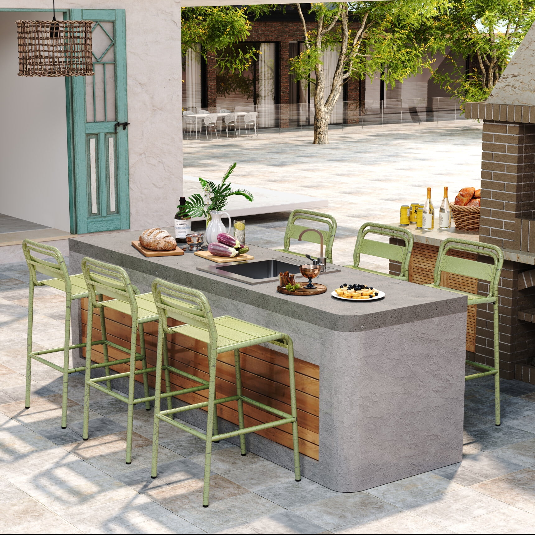 Carmella Outdoor Bar Stool Set Of 6 In Green – Weather Resistant Iron ...