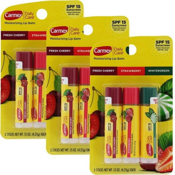 Carmex Lip Balm Stick SPF15 Fresh Cherry, Strawberry, Wintergreen ...