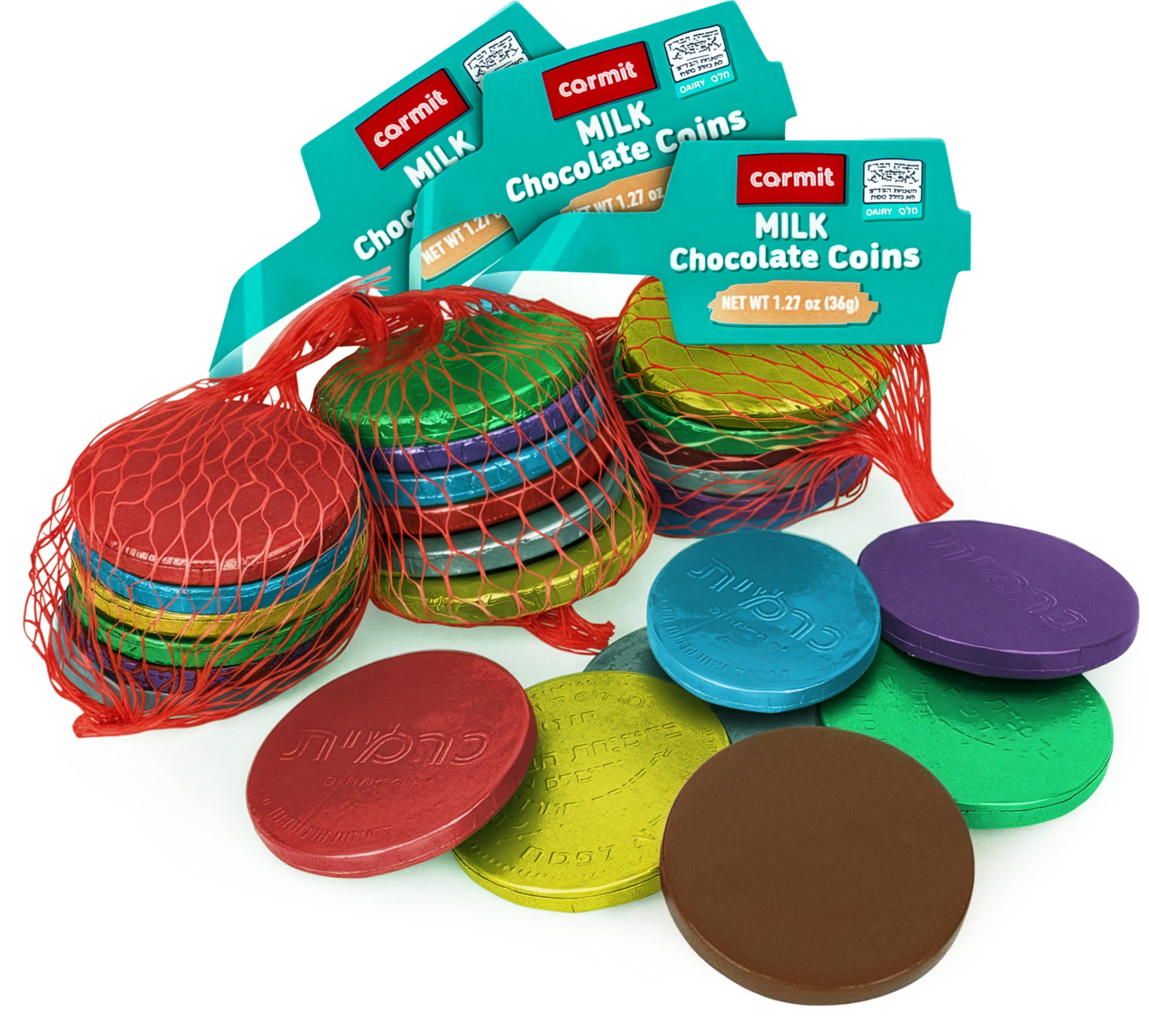 Carmit Multi-Color Real Milk BCF26 Chocolate Coins Mesh (3 Pack - 18 ...