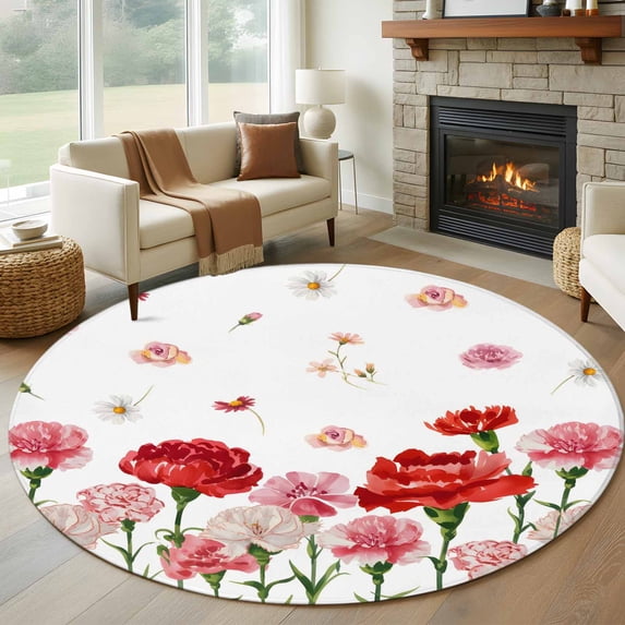 Carnation Flower Round Rug 5ft Washable Circle Kitchen Rugs Non Slip ...