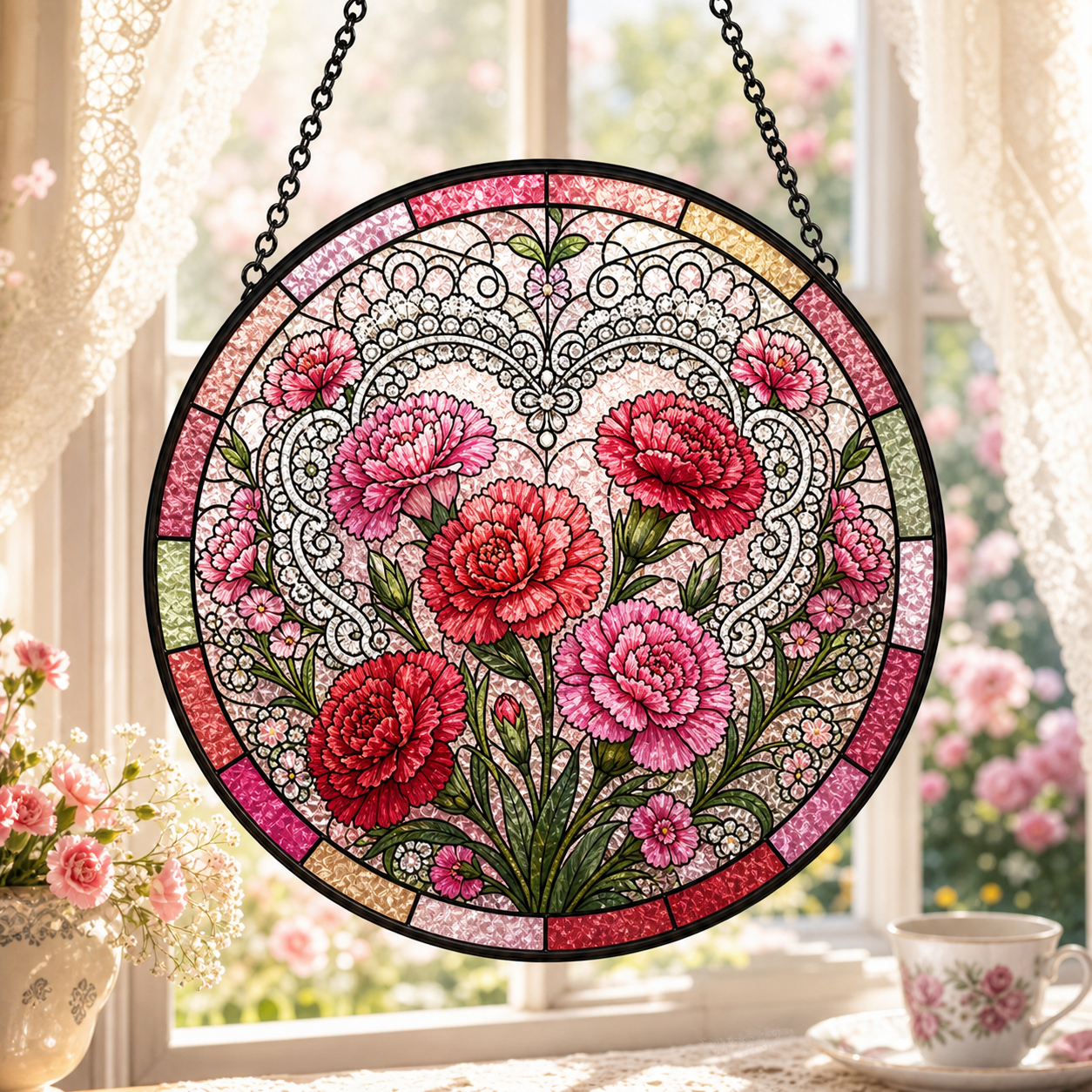 Carnation Stained Glass Suncatcher Lace Heart Window Hanging Gift ...