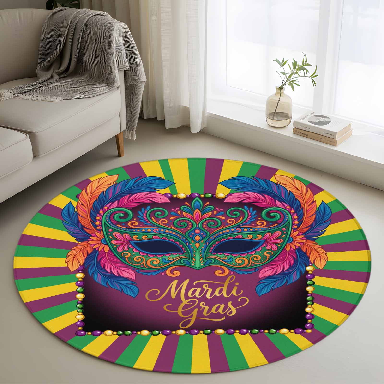 Carnival 4FT Round Area Rugs Mardi Gras Feather Mask Colorful Soft ...