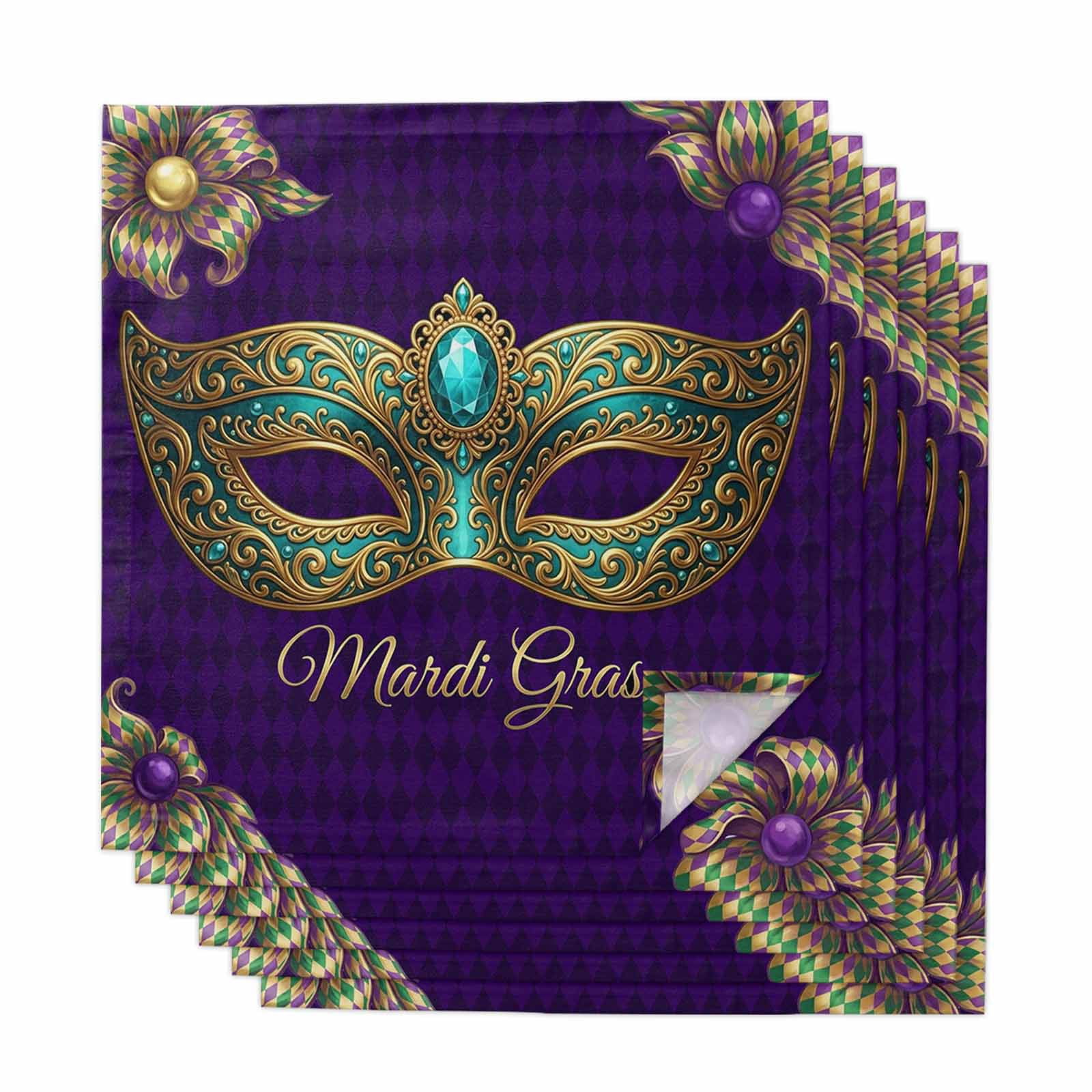 Carnival Cloth Napkins, Modern Chic Mask Flower Purple Plaid Checkered ...