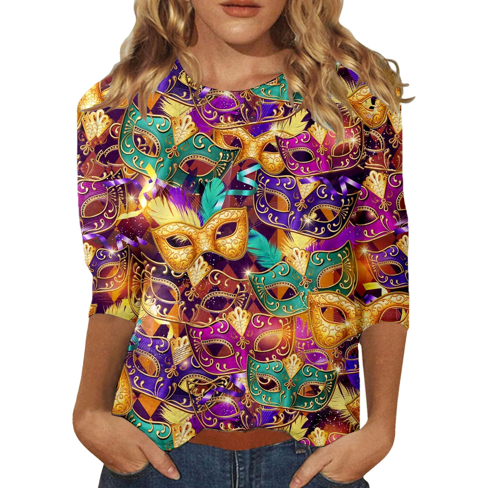 Carnival Mask Printed Shirts for Women Round Neck 3/4 Sleeve Blouses ...