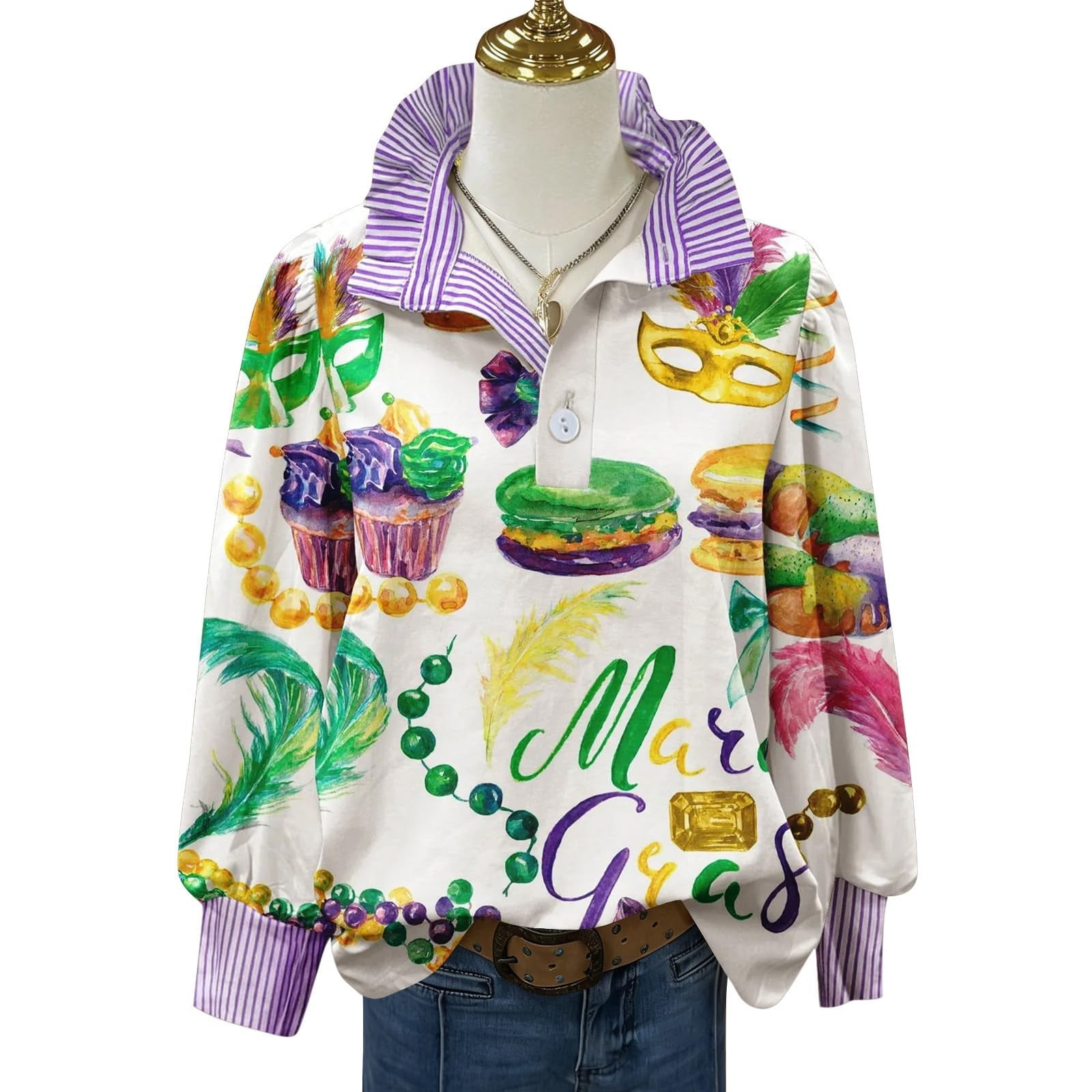 Carnival Party Shirts for Women 2026 Masquerade Colorful Print Button ...