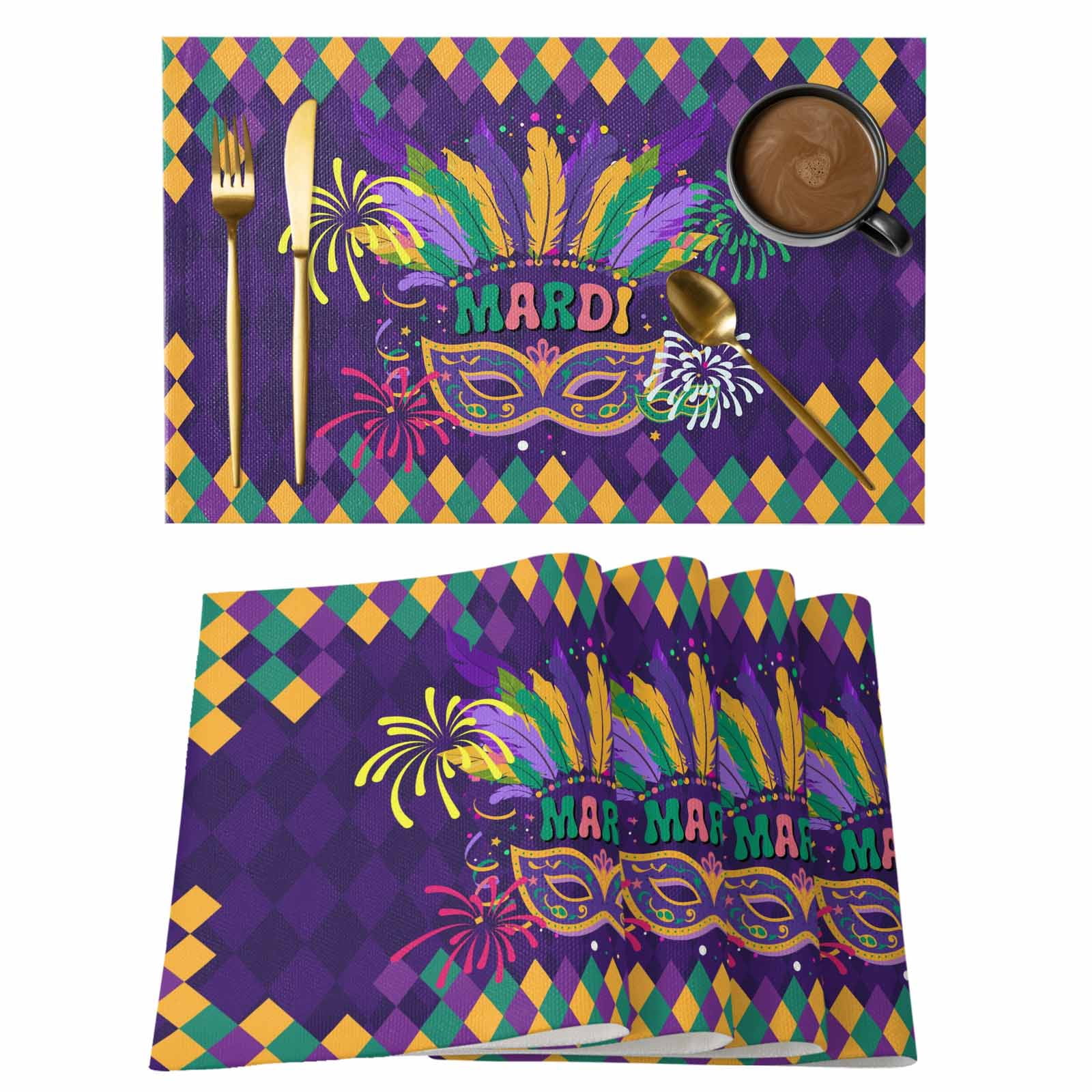 Carnival Placemats Set of 12 Mask Feathers Firework Purple Yellow ...