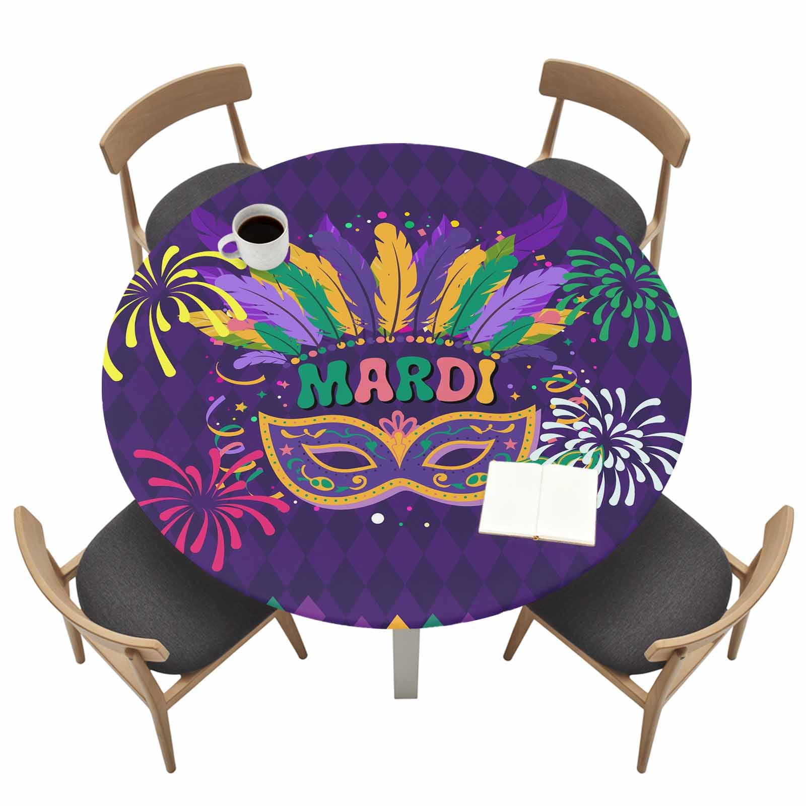 Carnival Round Fitted Tablecloth with Elastic Edge Mask Feathers ...