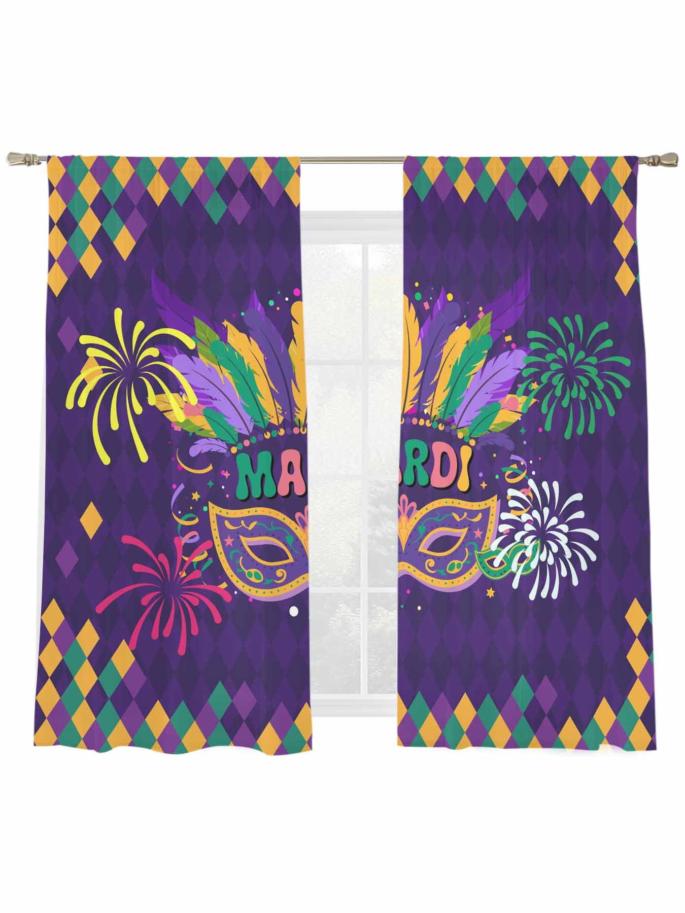 Carnival Sheer Curtains 2 Panels Set Mask Feathers Firework Purple ...