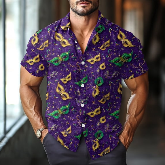 Carnival Shirt for Men Button Down Short Sleeve Shirts Mask Pattern ...