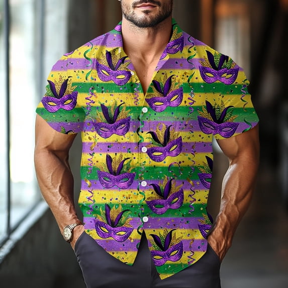 Carnival Shirt for Men Button Down Short Sleeve Shirts Mask Pattern ...