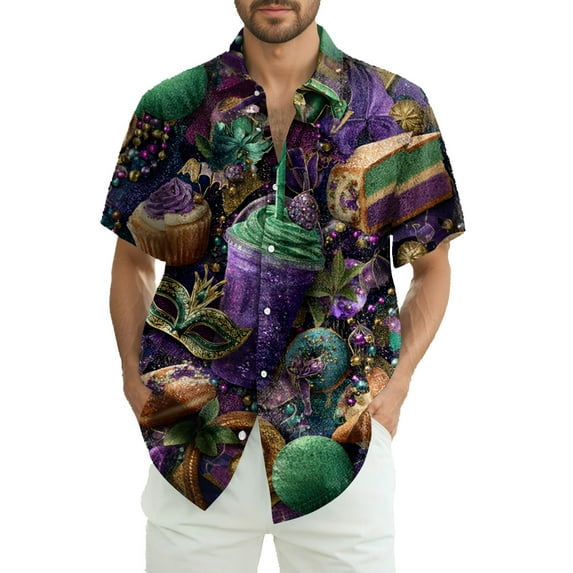 Carnival Shirts for Men Button Down Short Sleeve Hawaiian Blouses Mardi ...