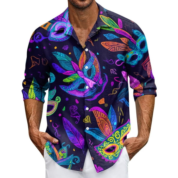 Carnival Shirts for Men Mask Feather Print Long Sleeve Regular Fit Fat ...