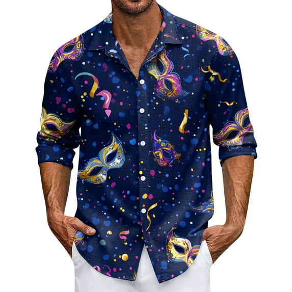 Carnival Shirts for Men Mask Feather Print Long Sleeve Regular Fit Fat ...